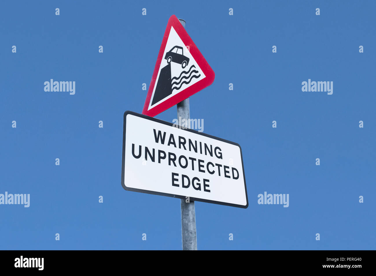 Unprotected edge warning sign at harbour port for car and vehicle ...