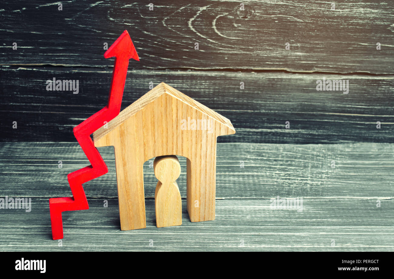 wooden house with a man inside. red arrow up. concept of high demand ...