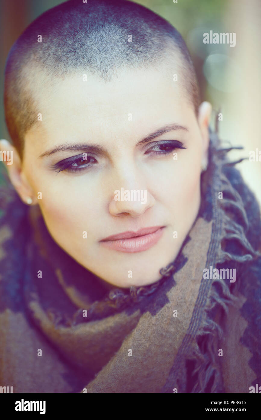 Closeup Portrait Of Sad Beautiful Caucasian White Young Bald Girl Woman