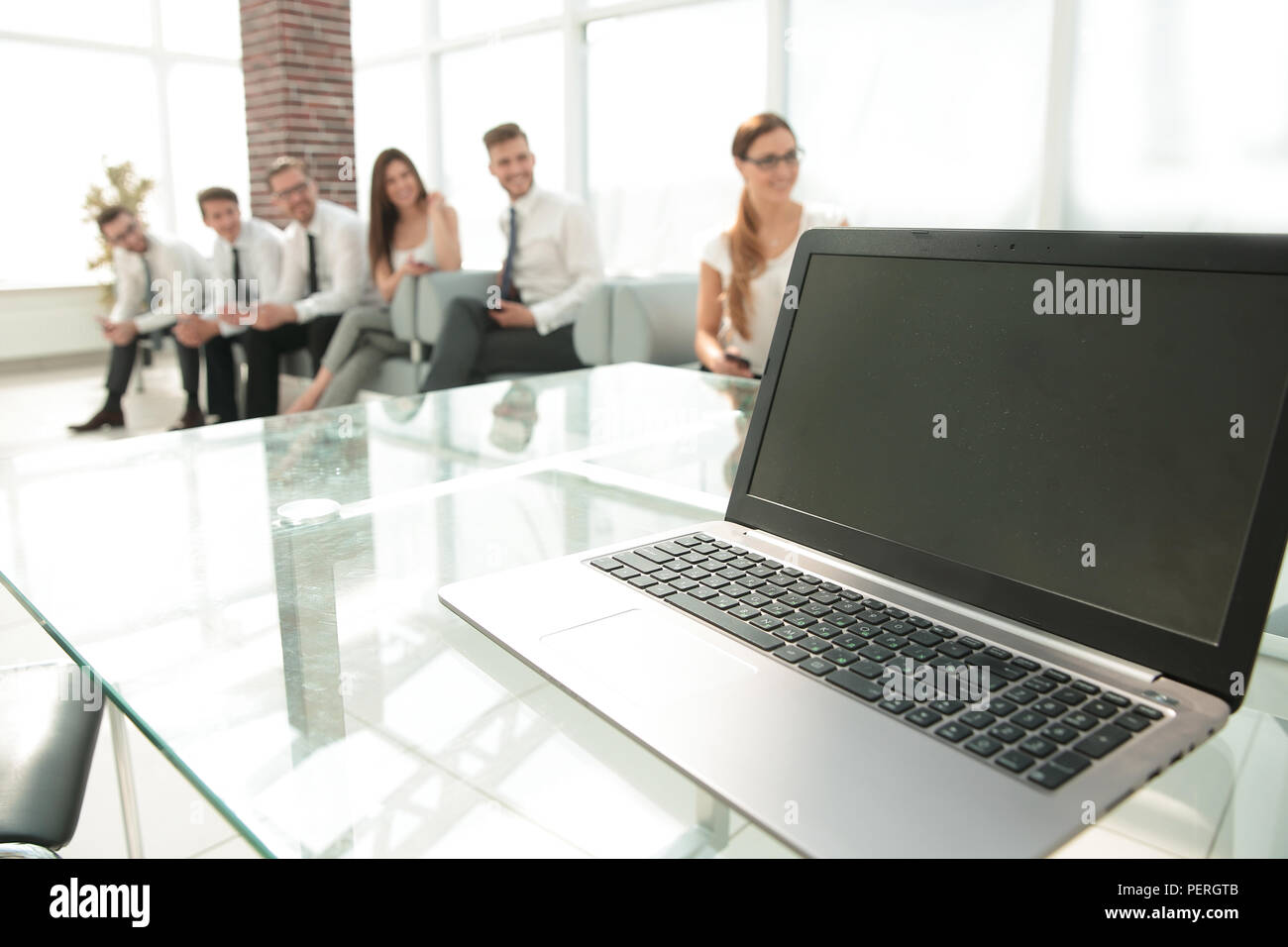 open laptop on office Desk Stock Photo - Alamy