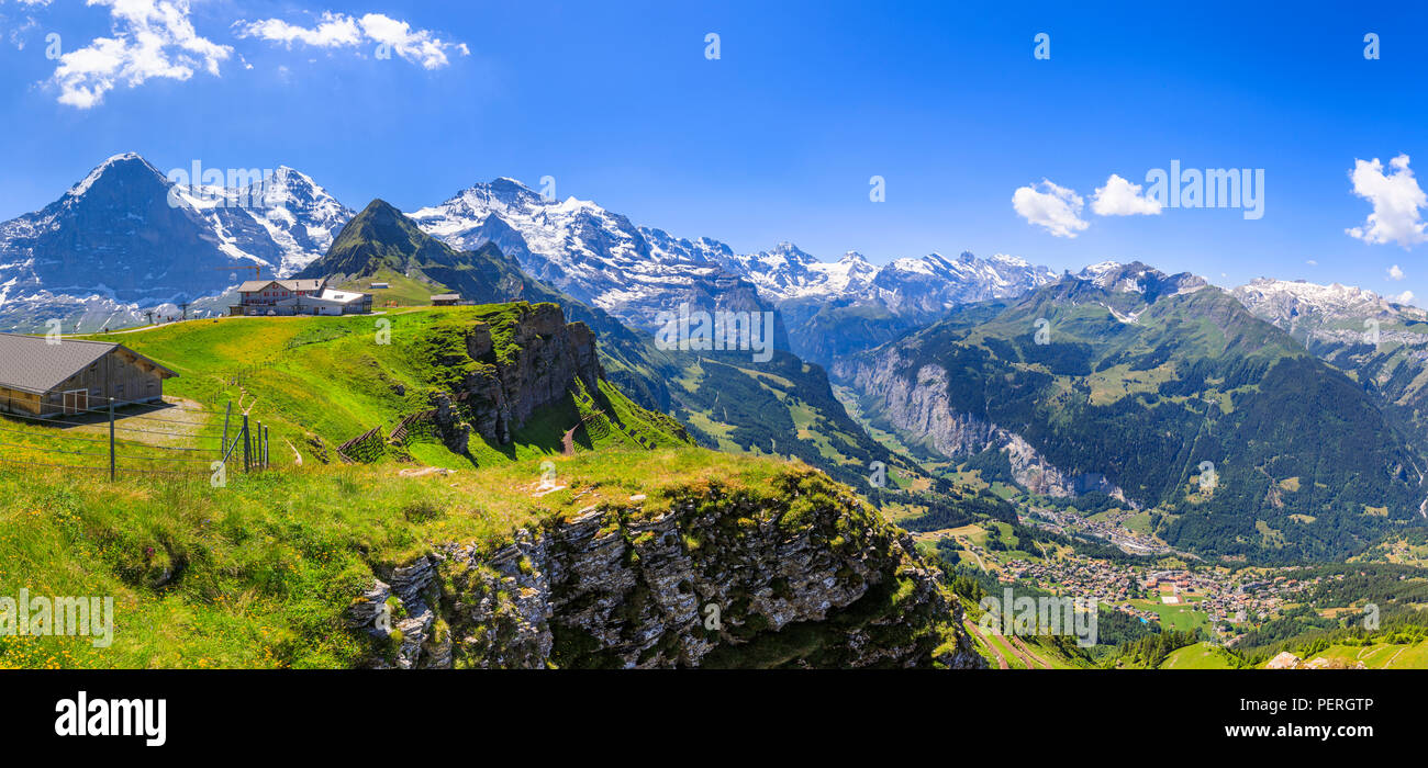 Viewpoint on Mannlichen and classic view of Wengen, Murren ...