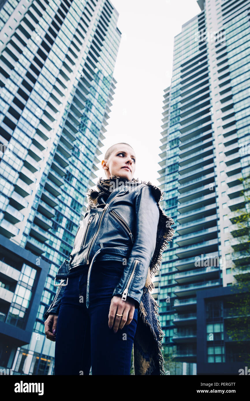 Wide angle low point of view, portrait of beautiful Caucasian white ...