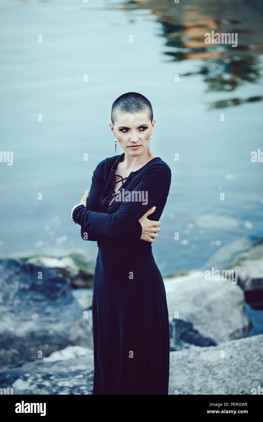 Portrait Of Sad Beautiful Caucasian White Young Bald Girl Woman With