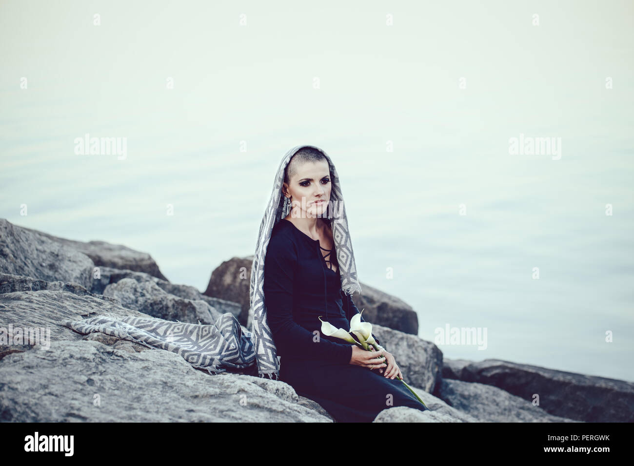 Portrait Of Sad Beautiful Caucasian White Young Bald Girl Woman With