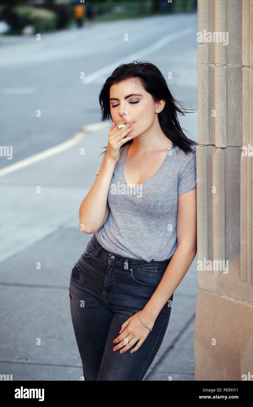 Portrait of white Caucasian beautiful young brunette woman teenager in ...