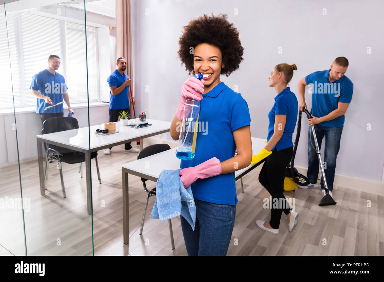 Portrait Of A Smiling African Female Janitor Holding Cloth And Spray ...