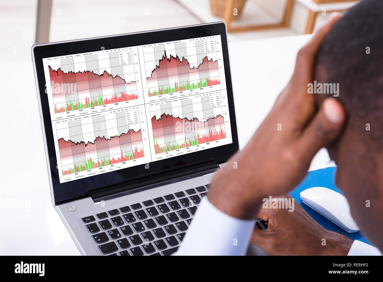 Close-up Of Worried Businessman With Graph Chart On The Laptop Screen ...