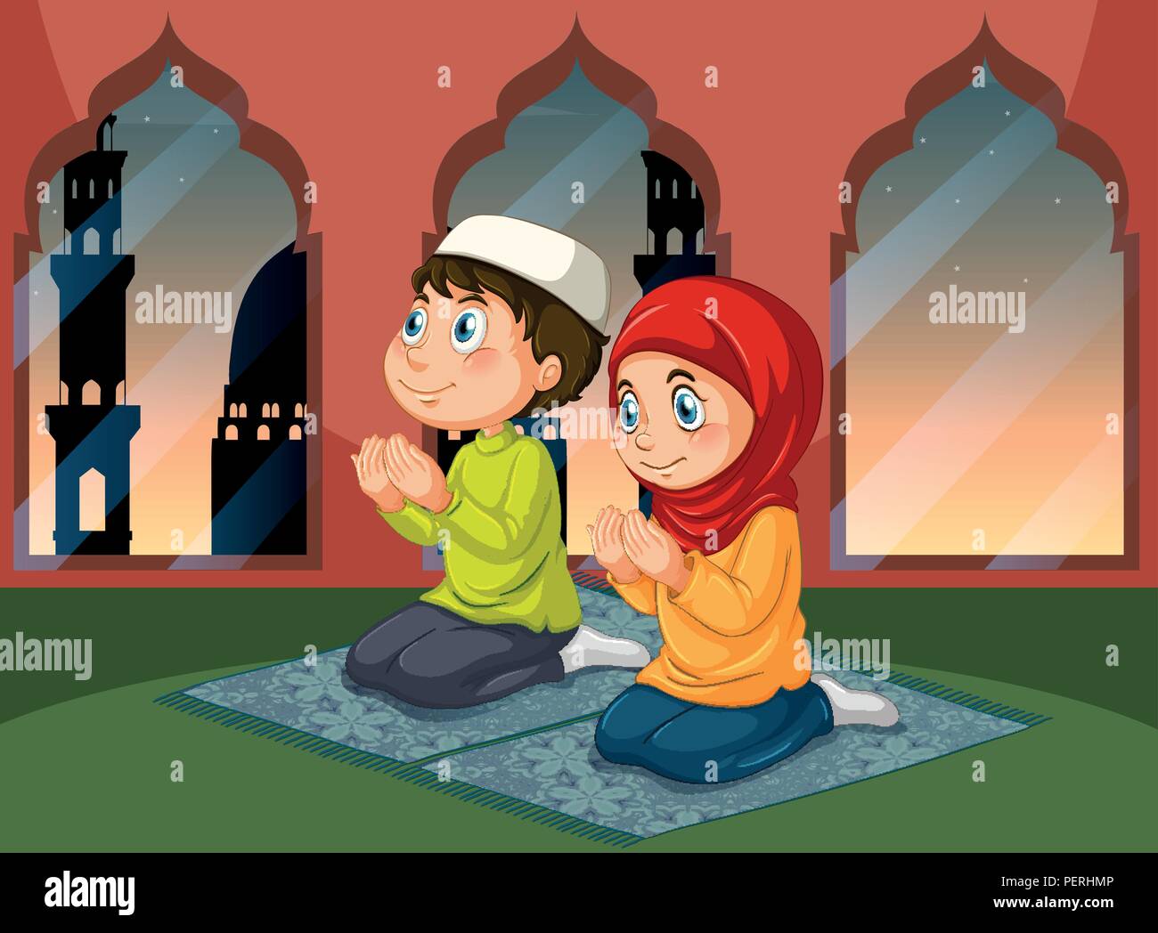 Muslim people praying at mosque illustration Stock Vector Image & Art ...