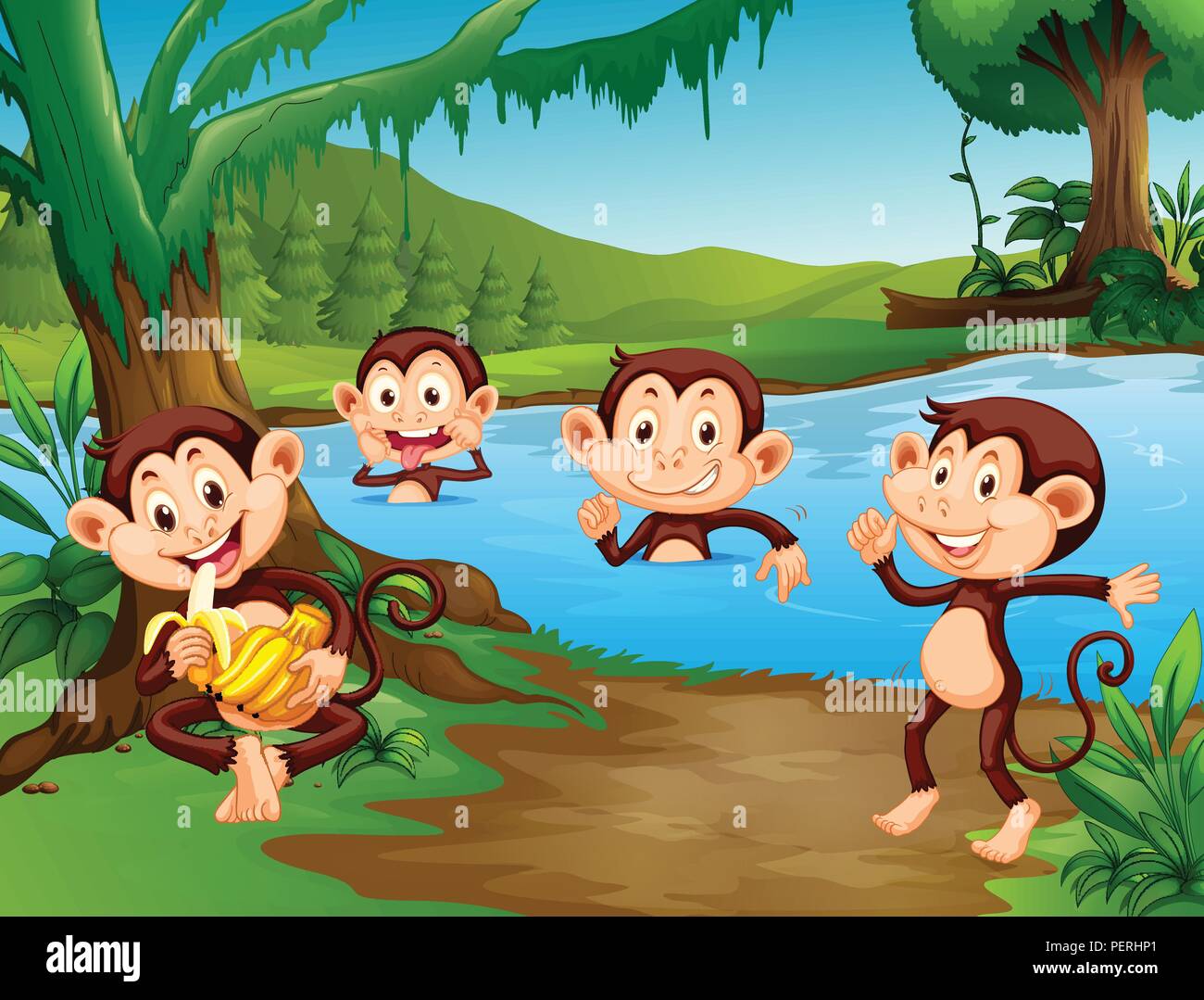 Monkey playing at the lake illustration Stock Vector Image & Art - Alamy
