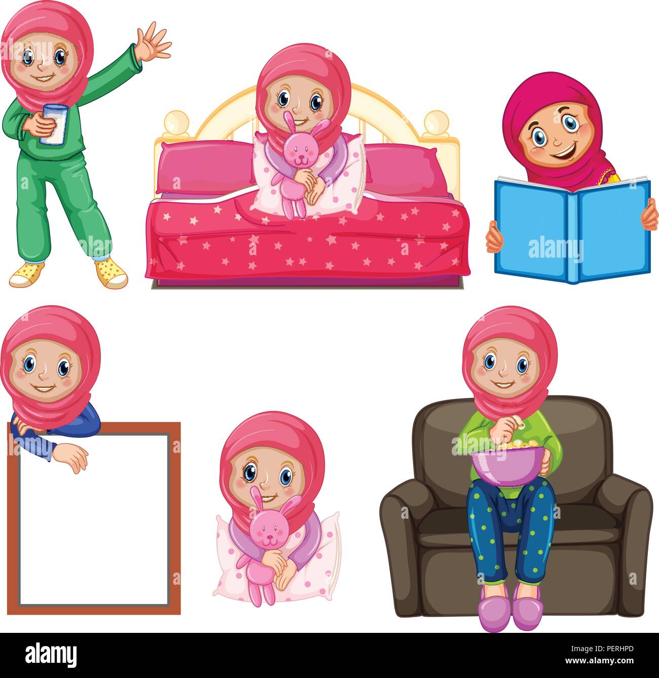 A set of muslim girl and activity illustration Stock Vector Image & Art ...