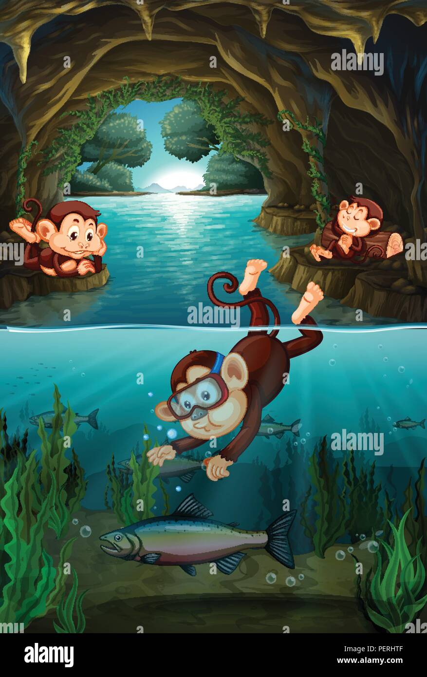 Monkey living in the cave illustration Stock Vector Image & Art - Alamy
