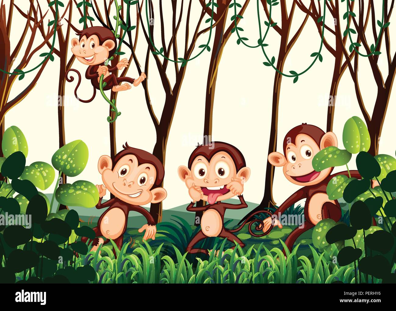 Cartoon Monkeys In A Jungle