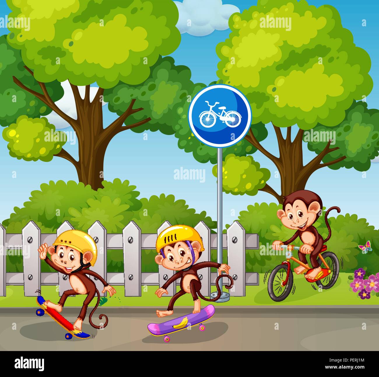 Monkey riding a bicycle and skateboard illustration Stock Vector Image ...