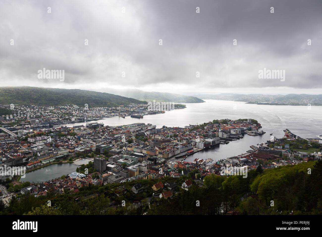 Aerial view of Bergen cityscape on an overcast day in Norway second ...