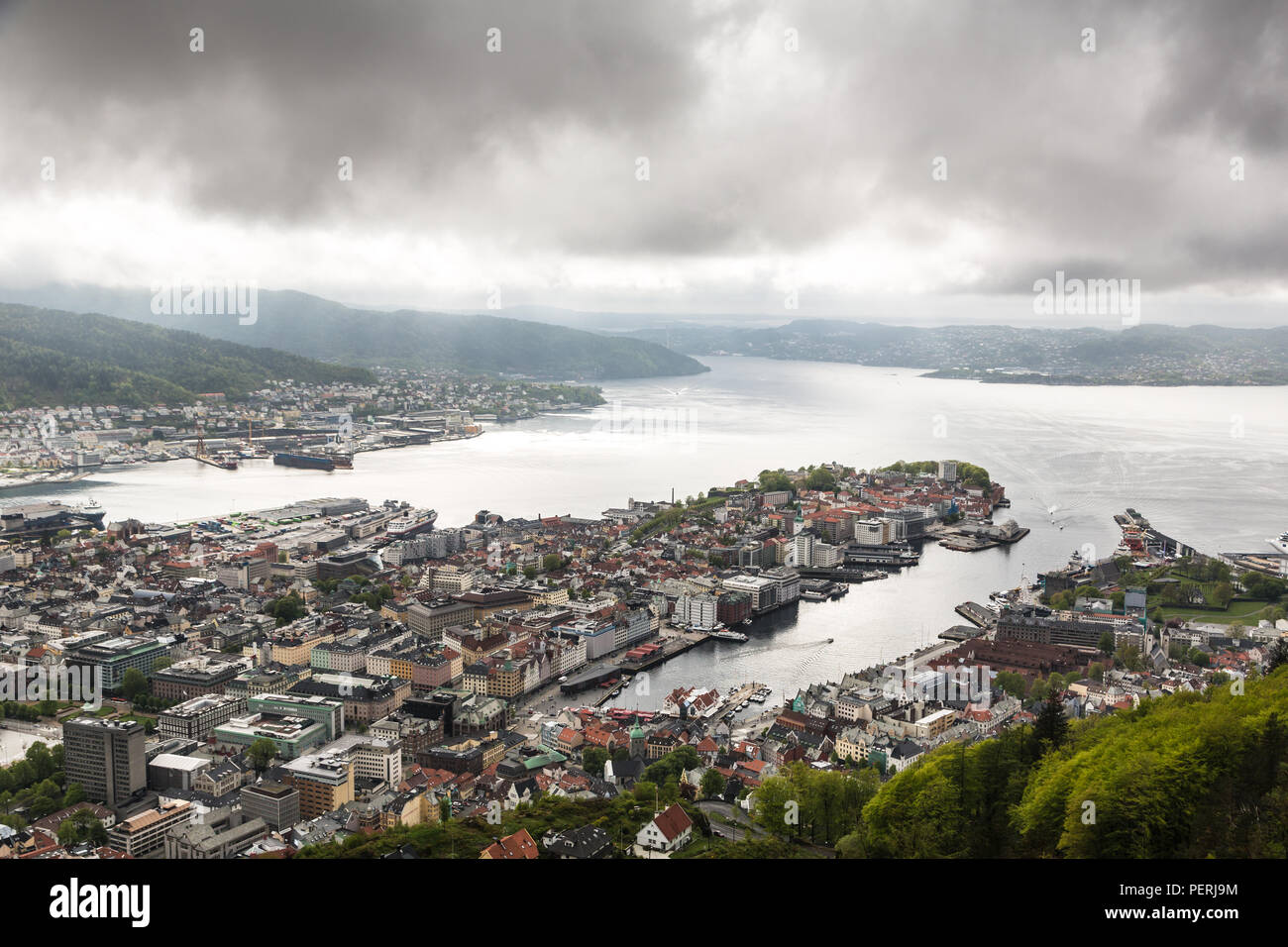 Aerial view of Bergen cityscape on an overcast day in Norway second ...