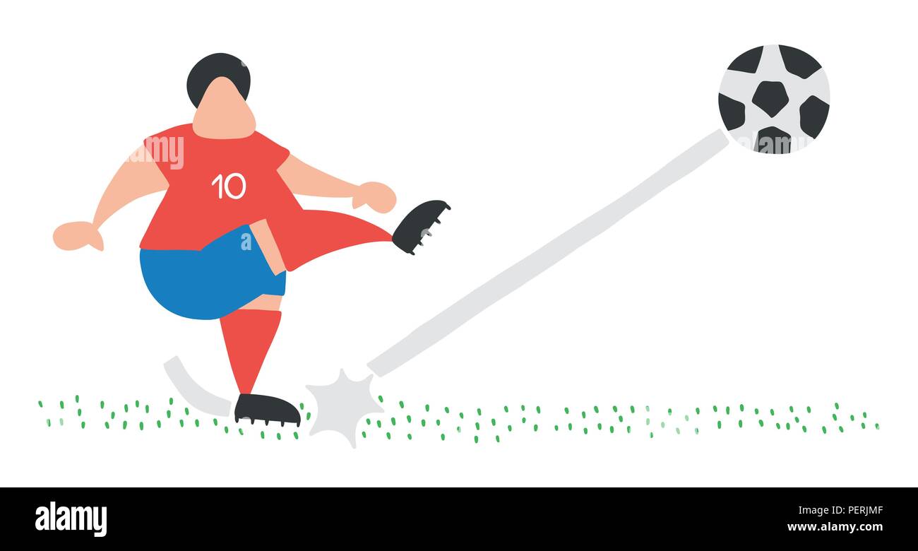 Vector illustration cartoon soccer player man shooting ball on pitch ...