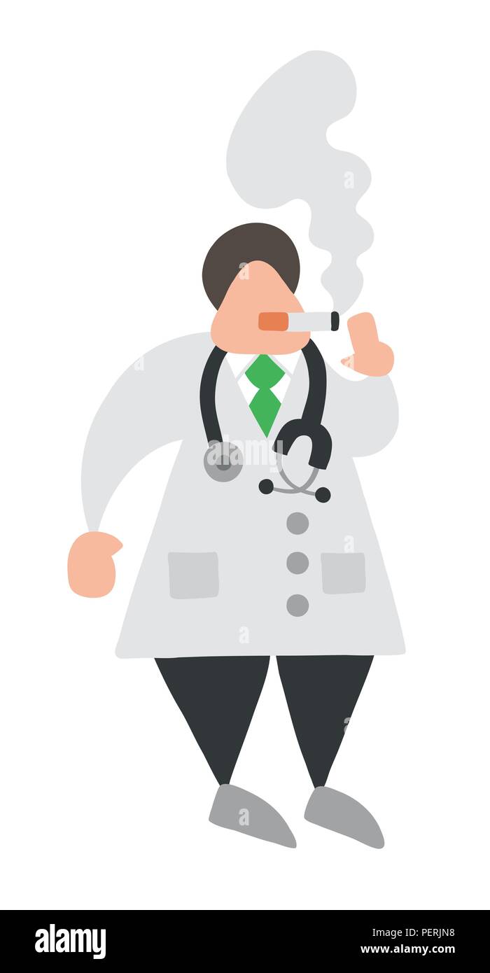 Vector illustration cartoon doctor man standing and smoking cigarette ...