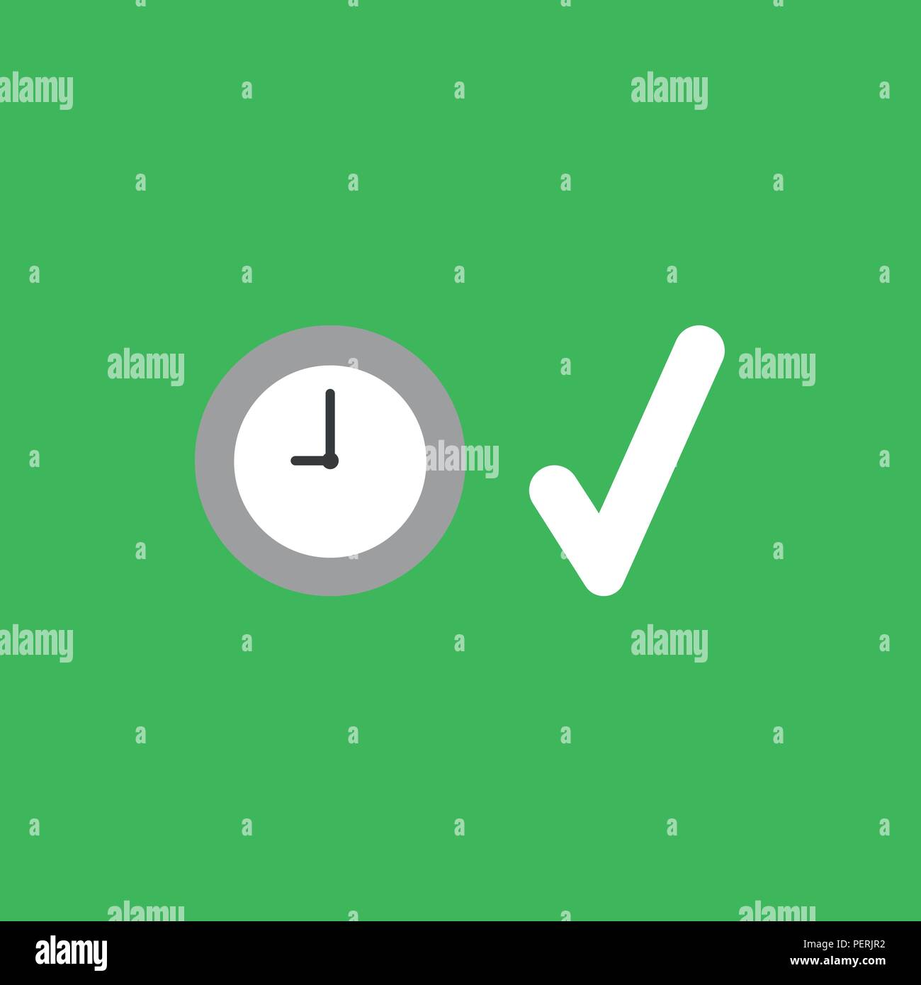 Flat vector icon concept of clock with check mark on green background ...