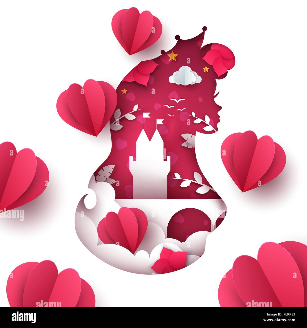 Cartoon paper landscape. Princess, castle, heart, air balloon ...