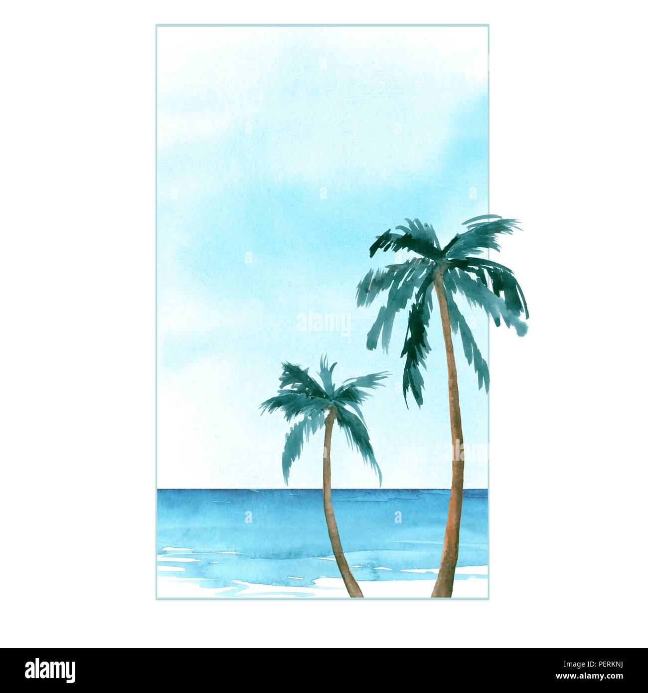 Watercolor card with palm tree and ocean. Summer banner template with ...