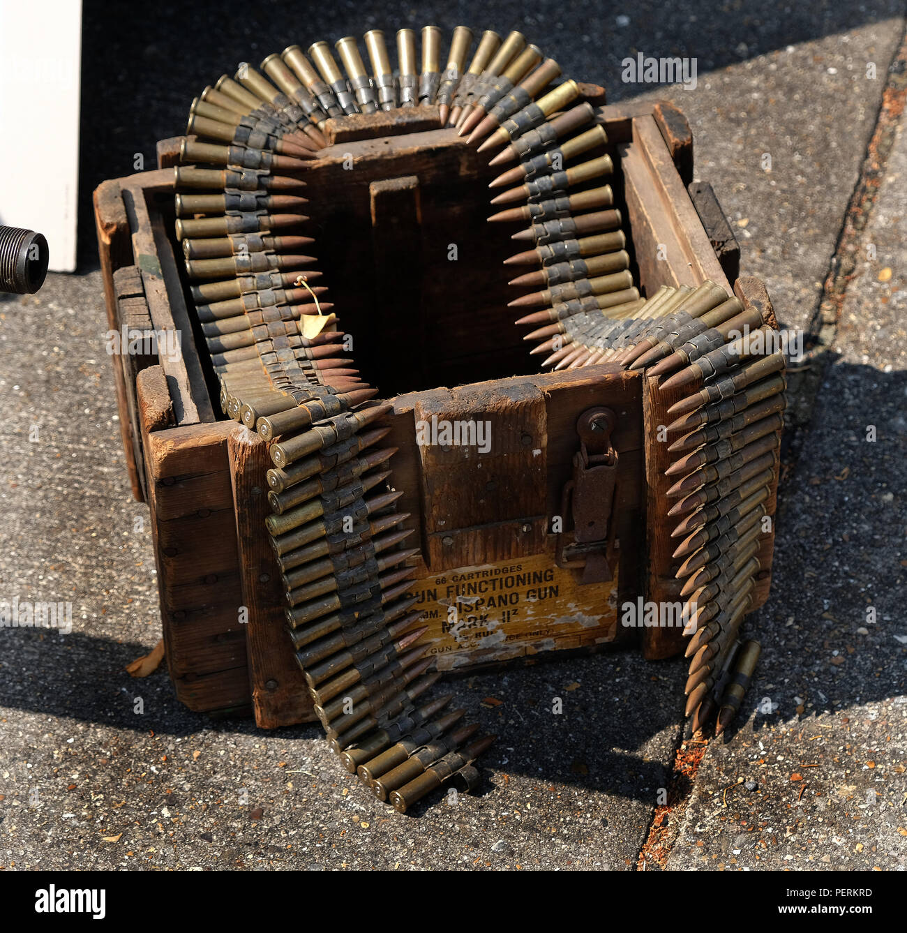 Display of aircraft weapons from world war two. 0.303, 0.5 and 20 mm ...