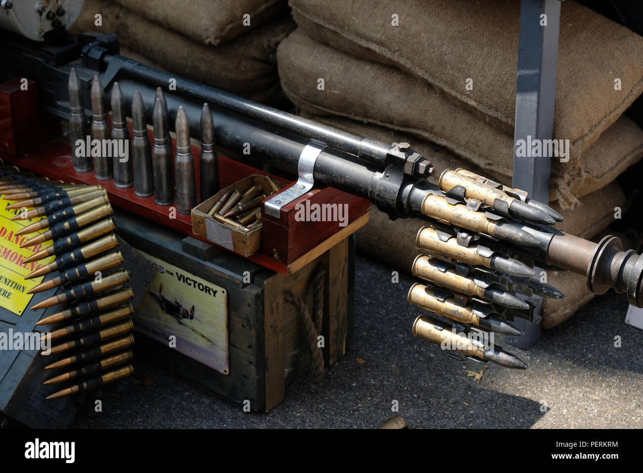 Display of aircraft weapons from world war two. 0.303, 0.5 and 20 mm ...