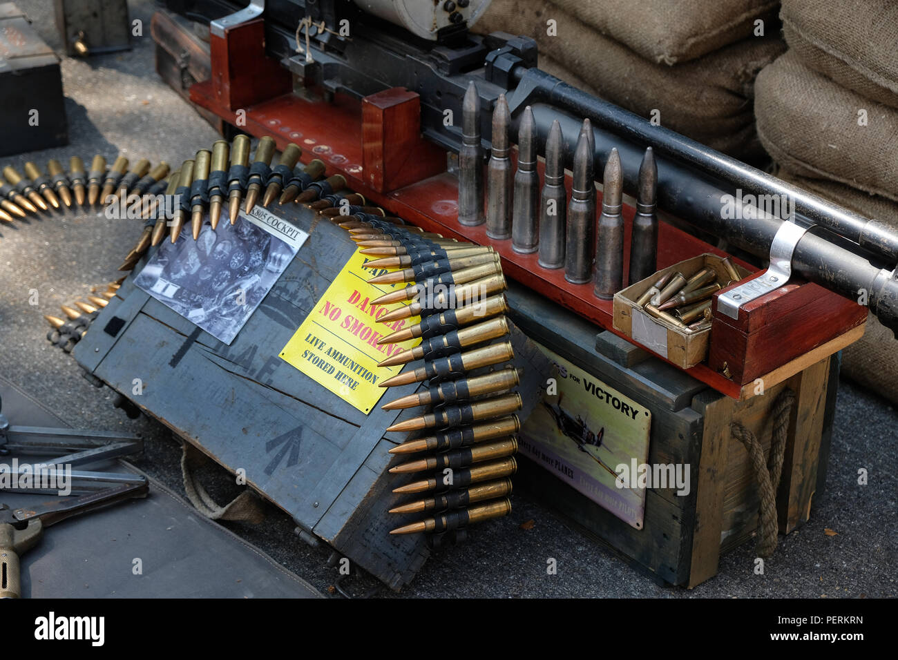 Display of aircraft weapons from world war two. 0.303, 0.5 and 20 mm ...