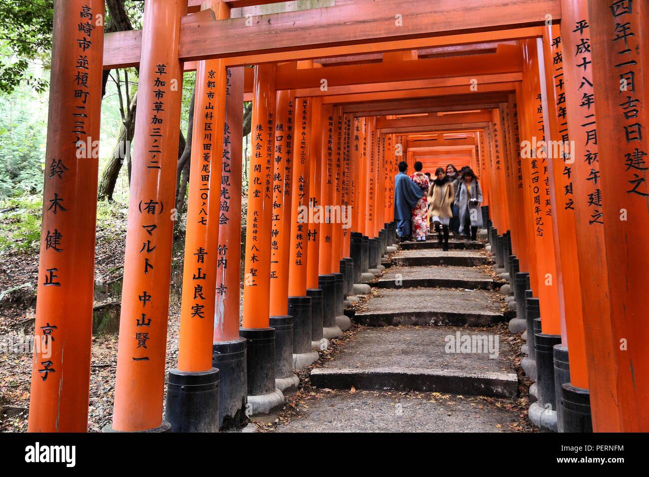 KYOTO, JAPAN - NOVEMBER 28, 2016: People visit tori gates of Fushimi ...