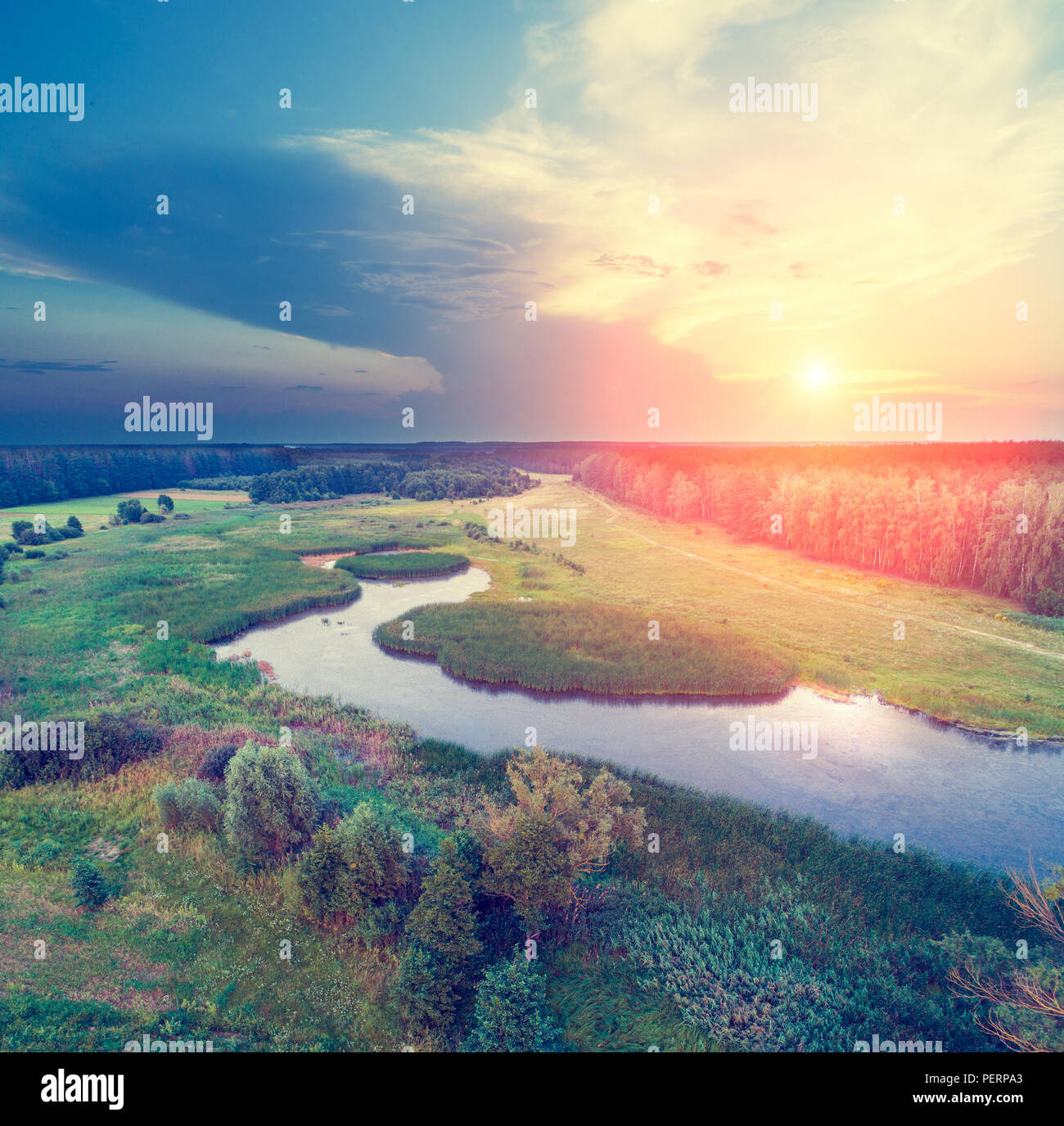 Aerial pond landscape on sunrise hi-res stock photography and images ...