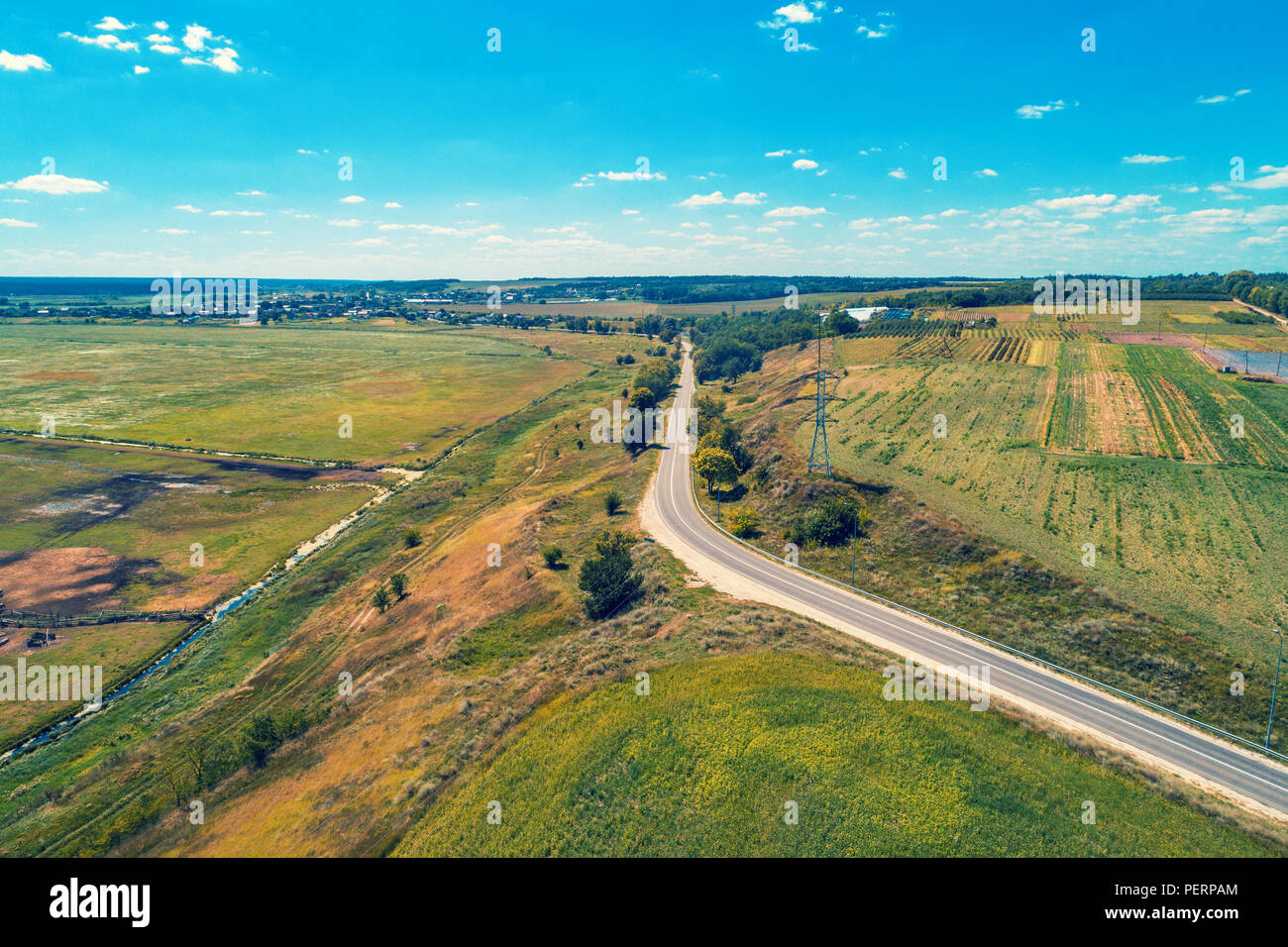 Aerial view of countryside, country road and fields Stock Photo - Alamy