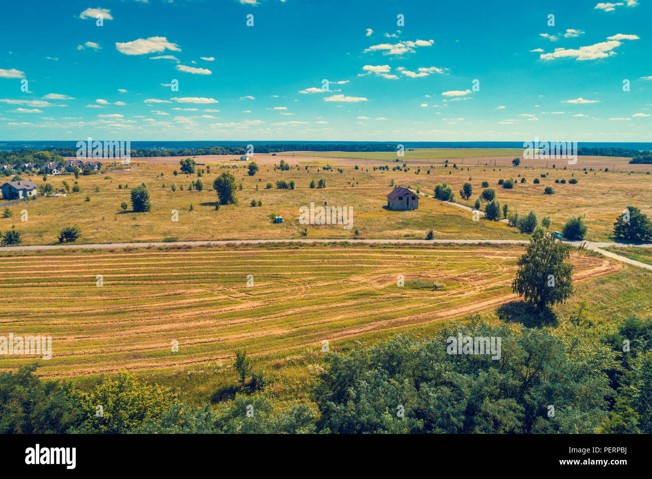 Aerial view of countryside, country road and fields Stock Photo - Alamy