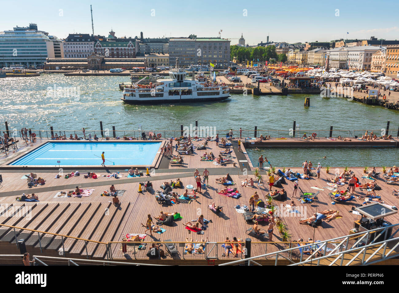 Helsinki summer city, view of the harbour in Helsinki with people ...