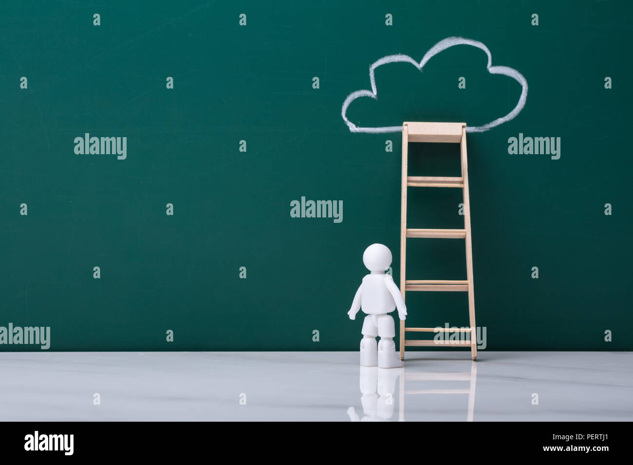 Human Figure Standing Near Ladder Leaning On Chalkboard With Cloud ...