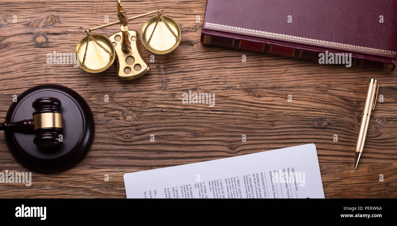 Overhead View Of Judge Desk With Gavel, Justice Scale And Document ...