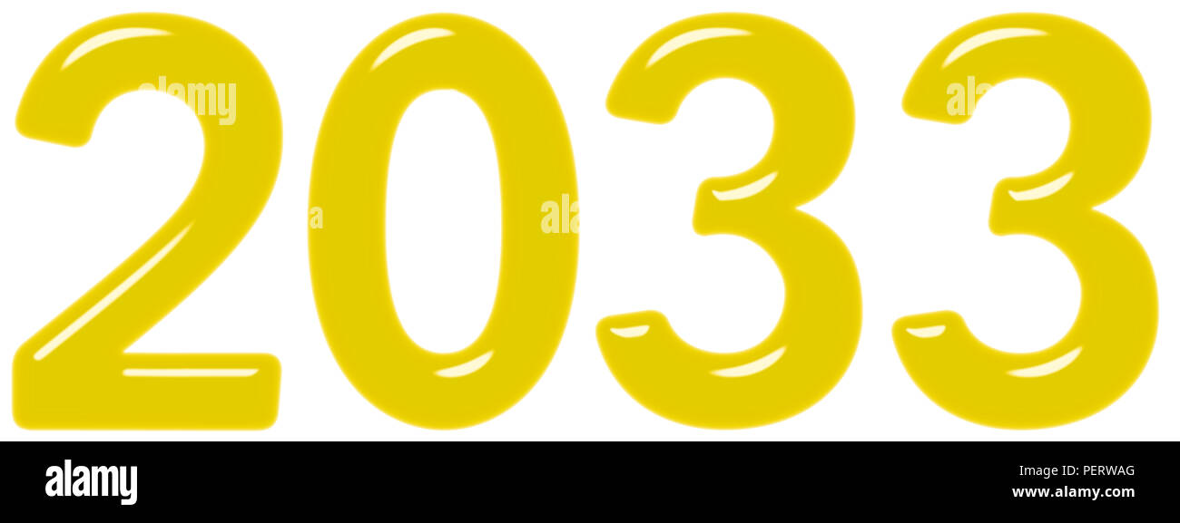 Inscription 2033 from yellow glass or plastic, isolated on white ...
