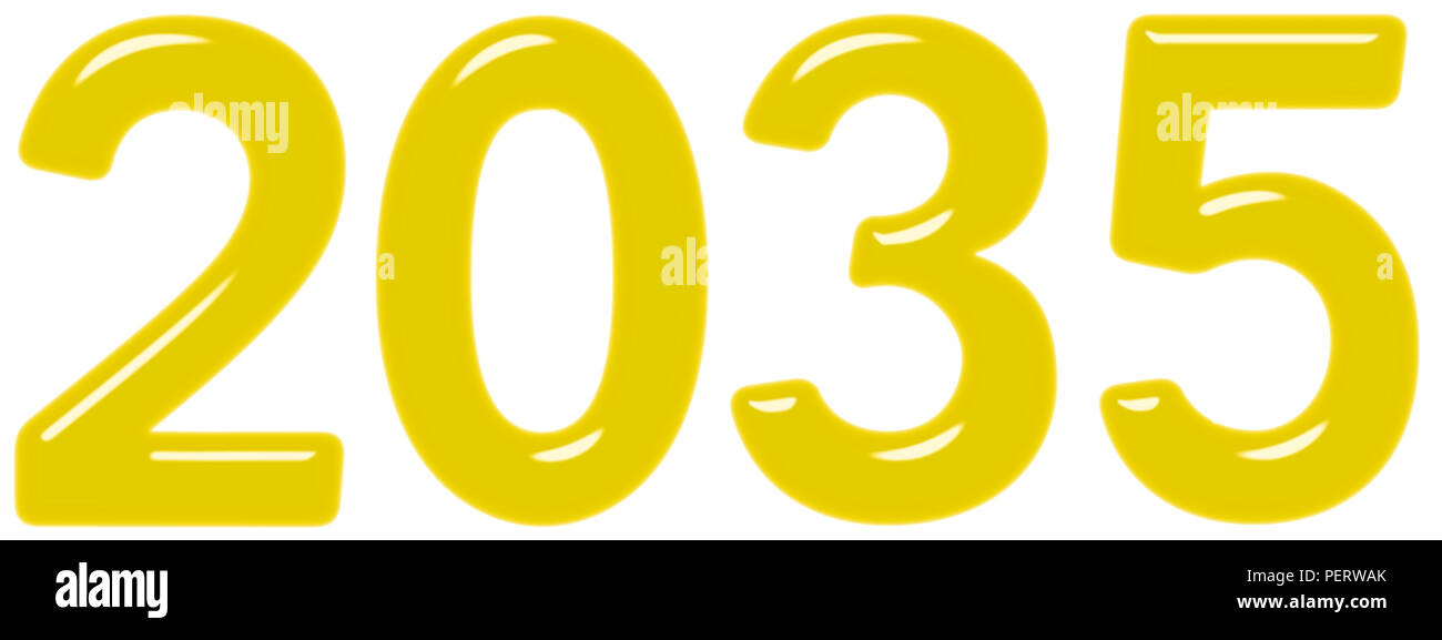Inscription 2035 from yellow glass or plastic, isolated on white ...