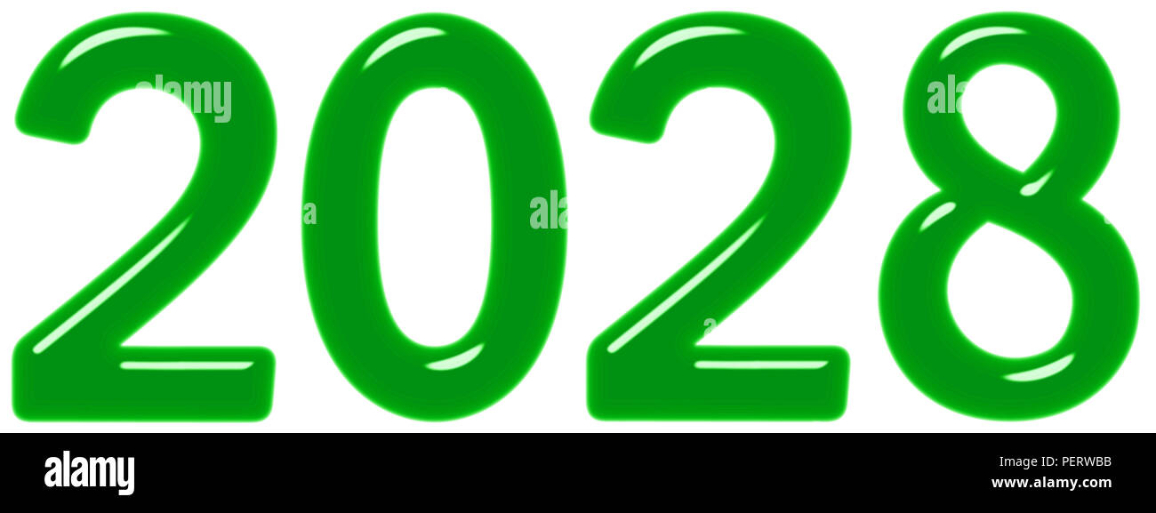 Inscription 2028 from green glass or plastic, isolated on white ...