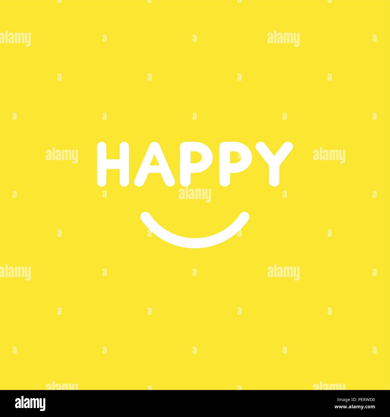 Flat vector icon concept of happy word with smiling mouth on yellow ...