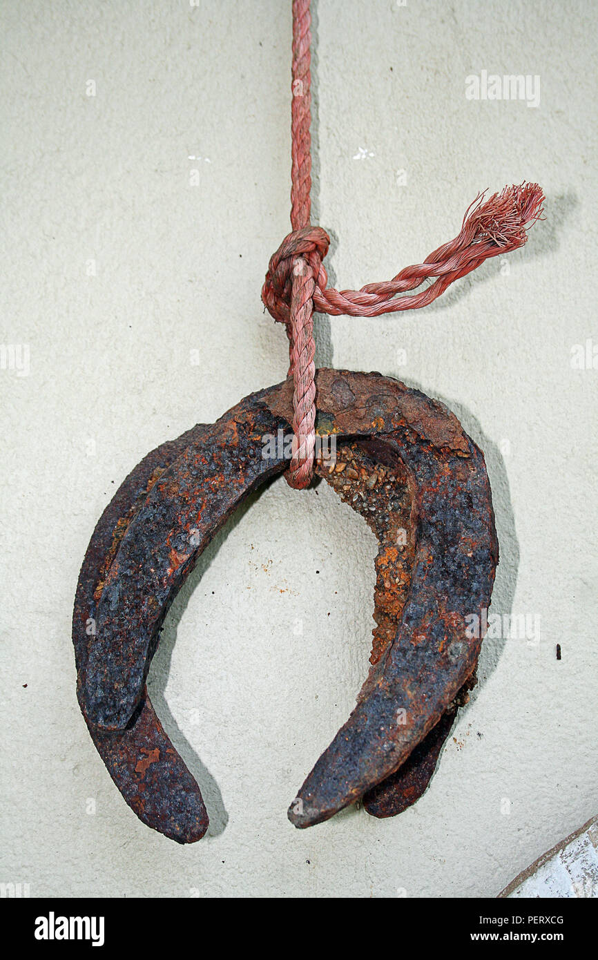 Rusted lucky charm horse shoe dangling on a red rope against a white ...