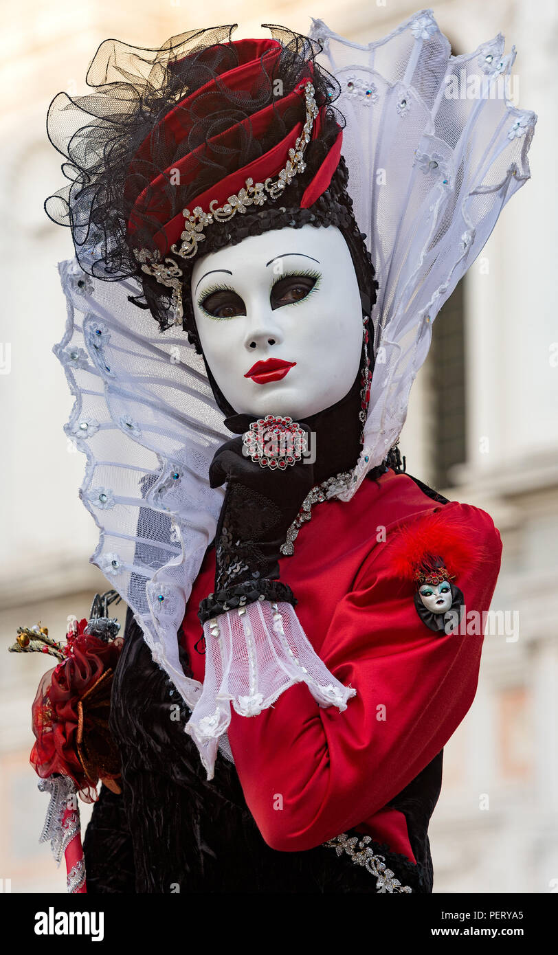 Reveller In Traditional Elaborate Mask And Costume At Venice Carnival (Carnevale di Venezia ...