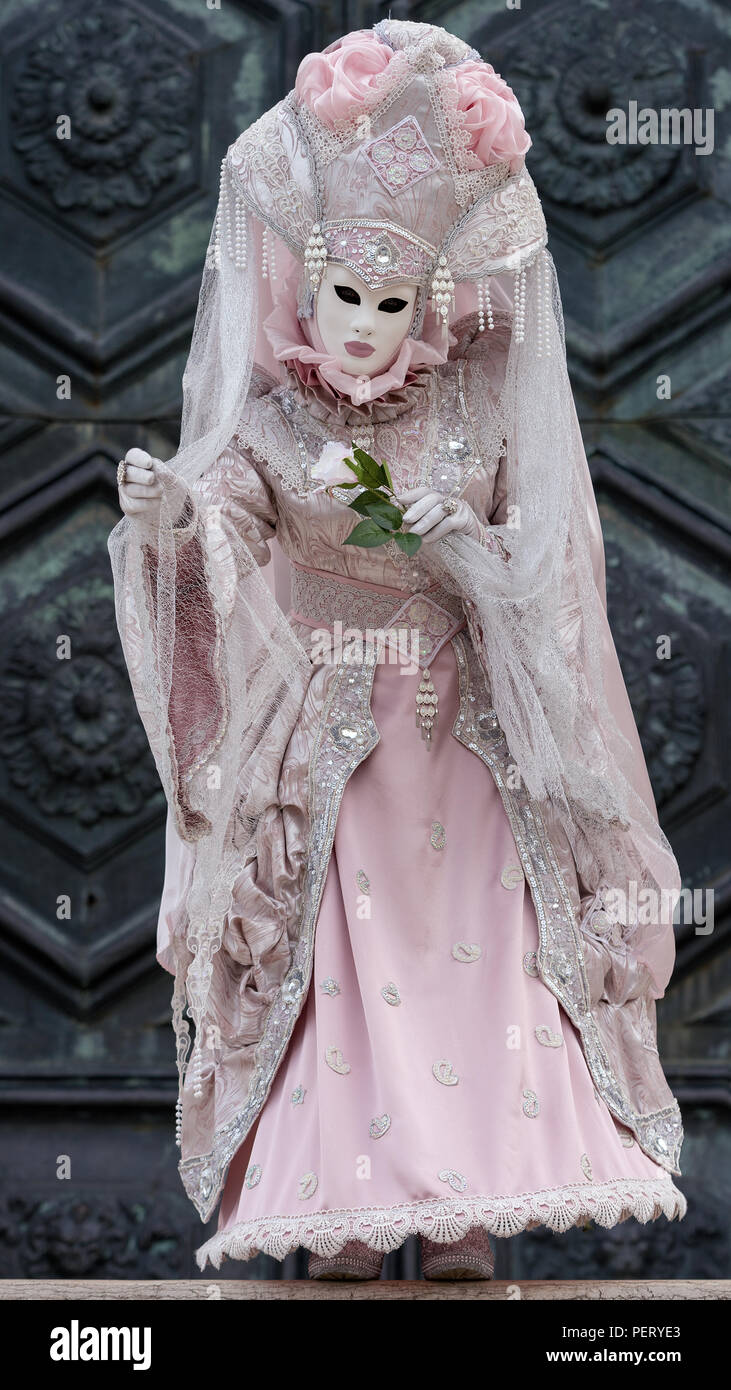 Reveller In Traditional Elaborate Mask And Costume At Venice Carnival ...