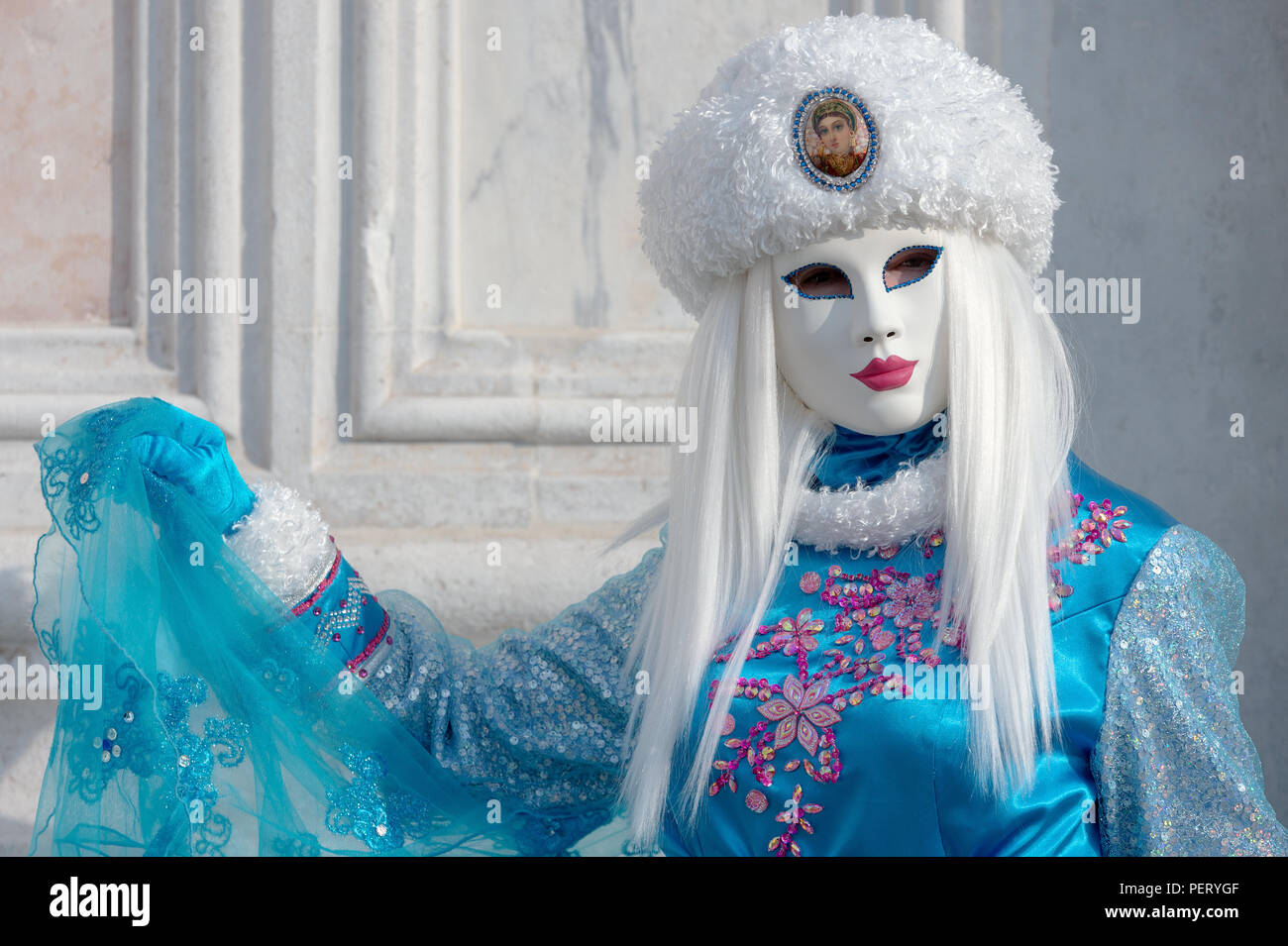 Reveller In Traditional Elaborate Mask And Costume At Venice Carnival ...