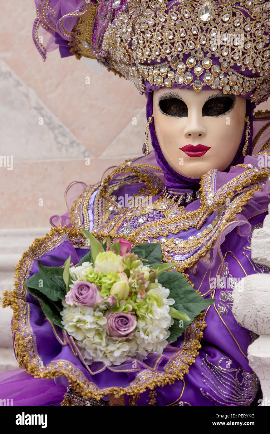 Reveller In Traditional Elaborate Mask And Costume At Venice Carnival ...