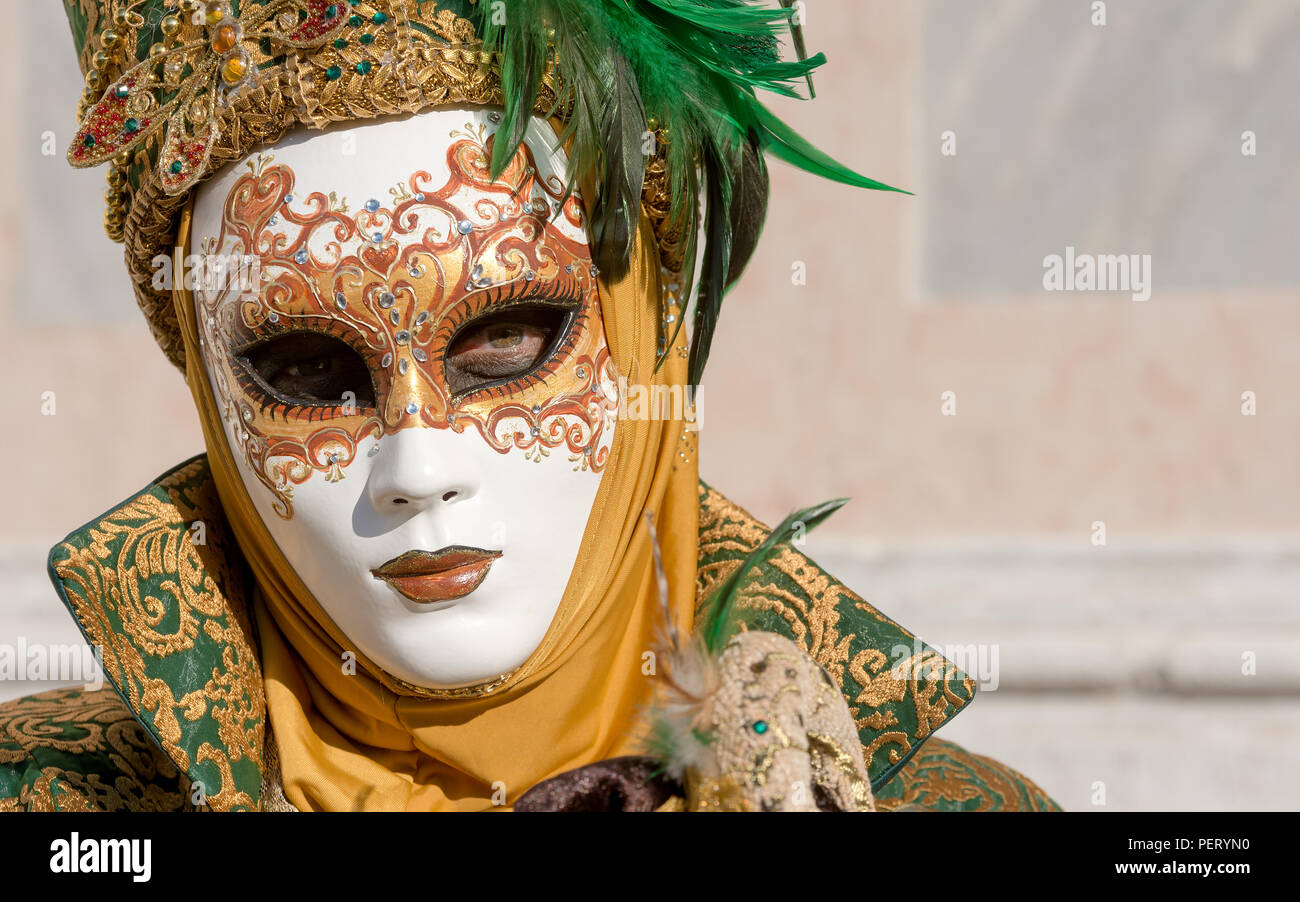 Reveller In Traditional Elaborate Mask And Costume At Venice Carnival (Carnevale di Venezia ...