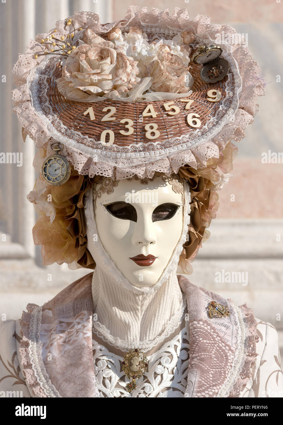 Reveller In Traditional Elaborate Mask And Costume At Venice Carnival (Carnevale di Venezia ...