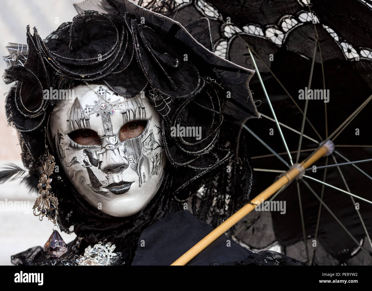 Reveller In Traditional Elaborate Mask And Costume At Venice Carnival (Carnevale di Venezia ...