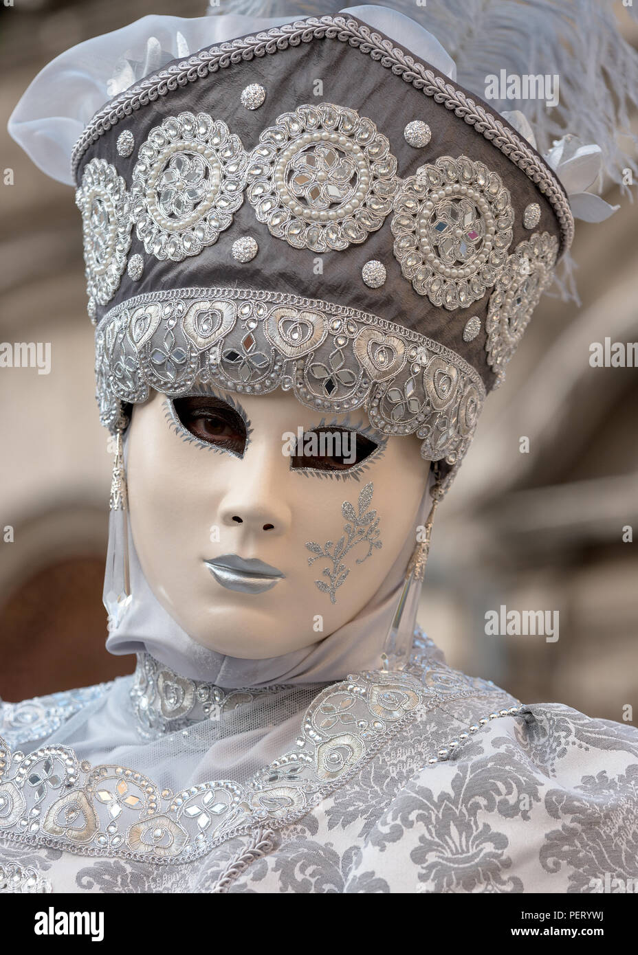 Reveller In Traditional Elaborate Mask And Costume At Venice Carnival ...