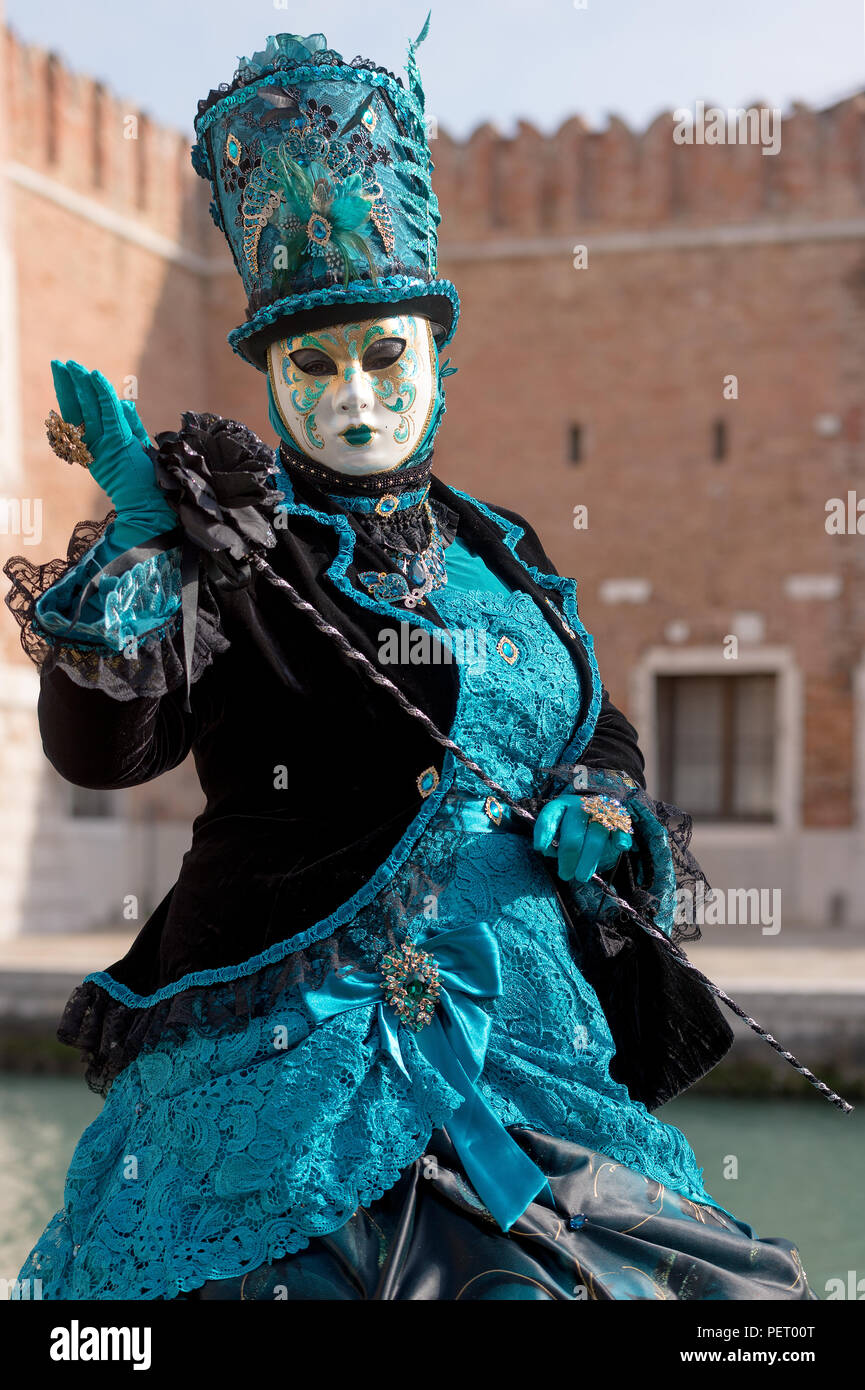 Reveller In Traditional Elaborate Mask And Costume At Venice Carnival (Carnevale di Venezia ...
