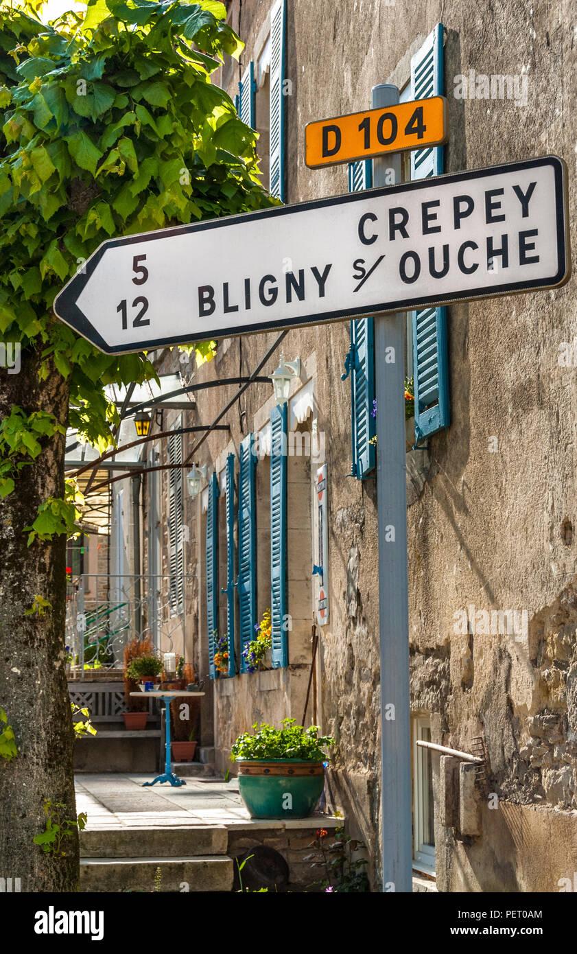 Typical French road sign on the d104 with rustic blue shuttered Gite ...