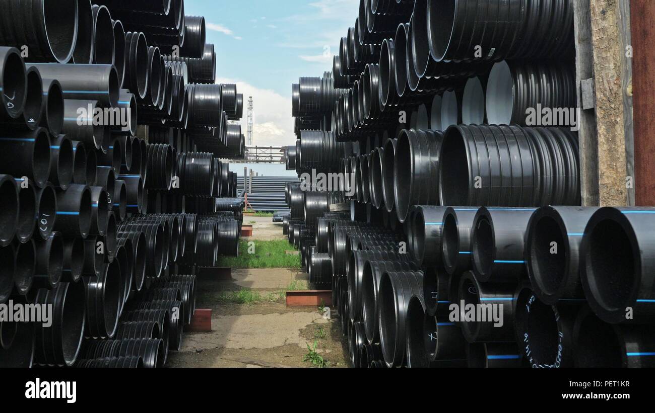 Warehouse of finished plastic pipes industrial outdoors storage site ...